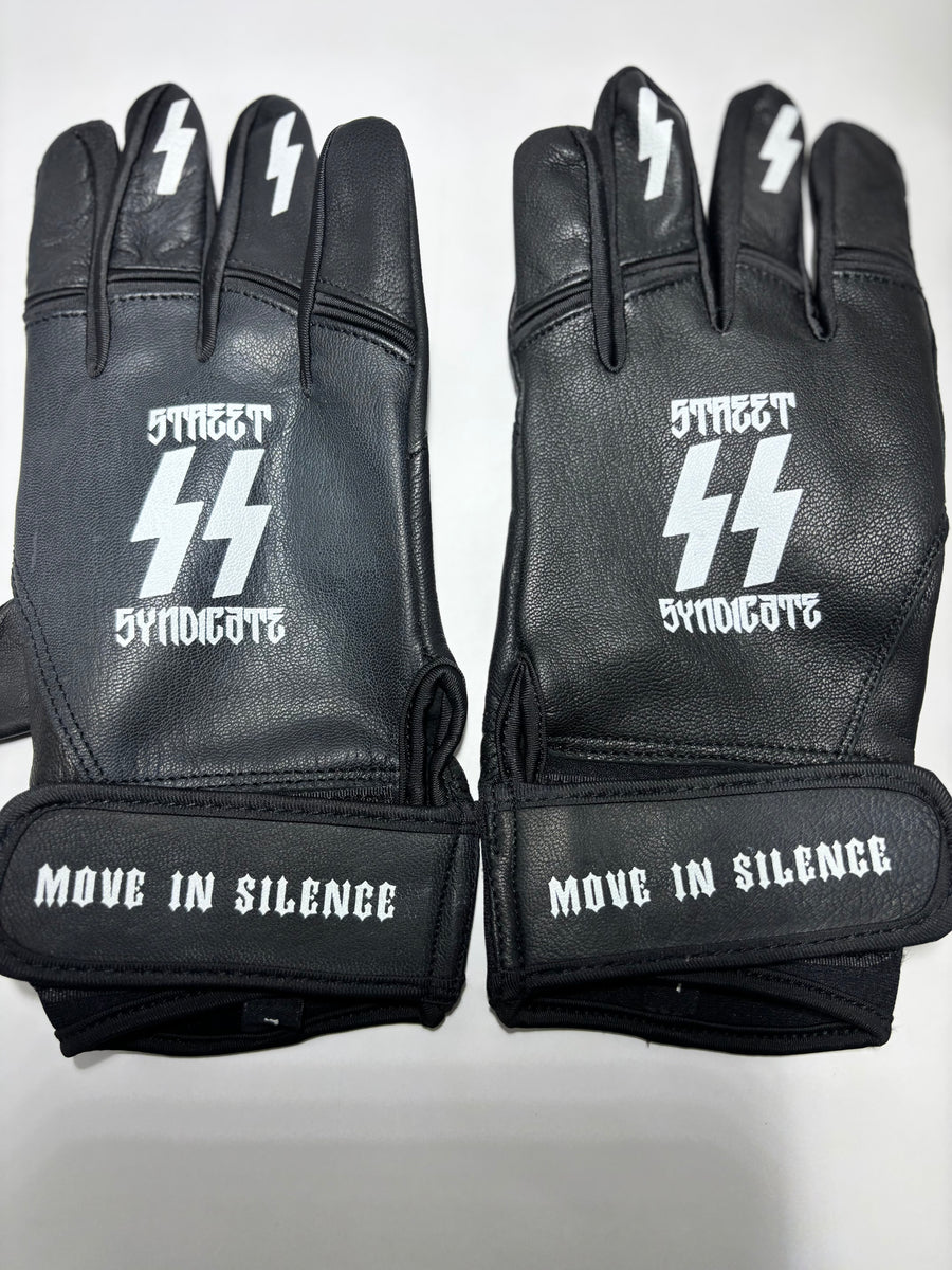 Super sick leather gloves black with white logo – Street Syndicate MFG