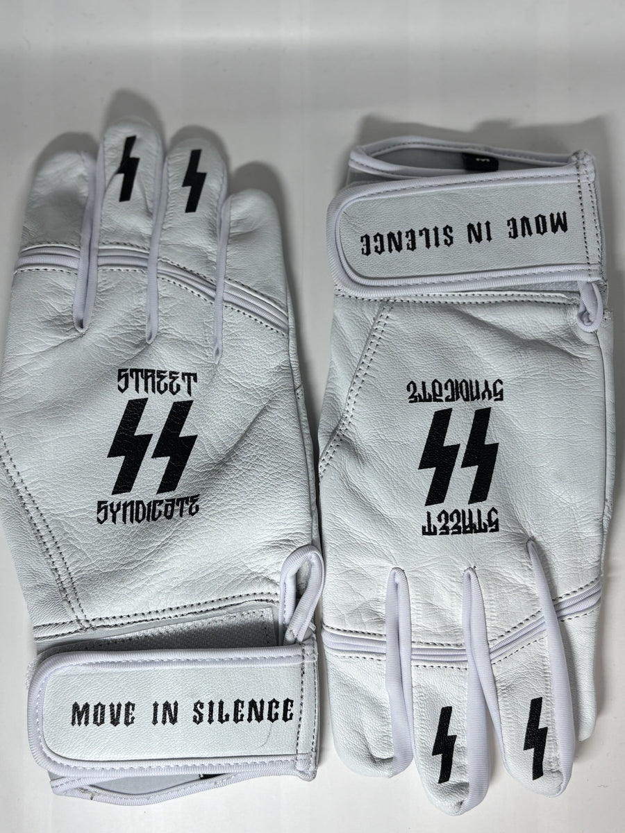 Super sick all leather gloves. White with black logo – Street Syndicate MFG